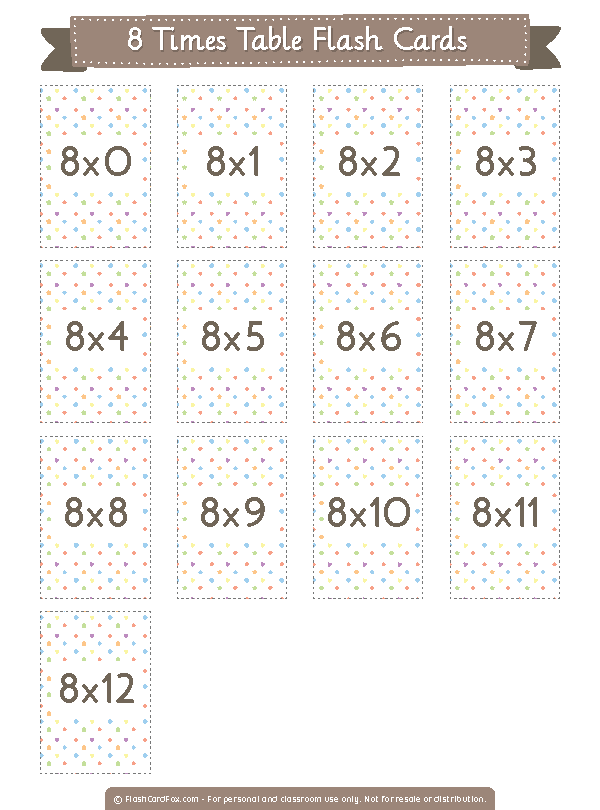 Printable 8 Times Table Flash Cards